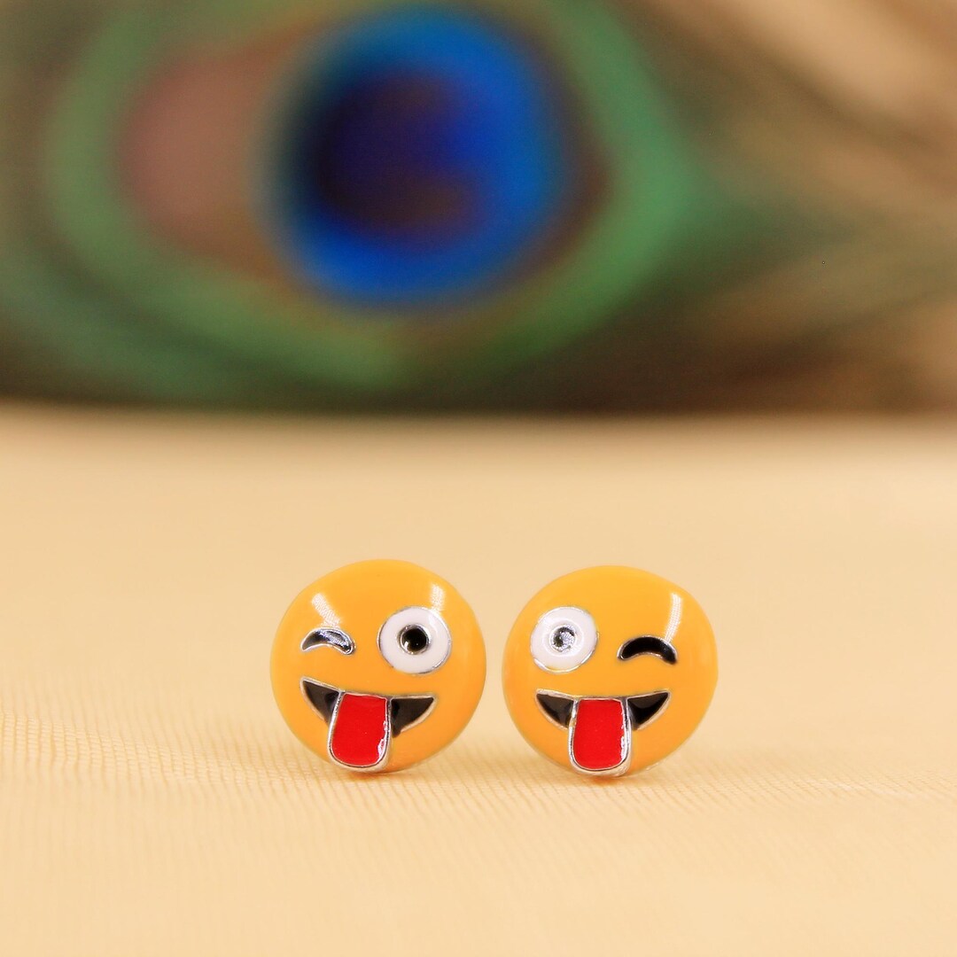 Winking Tongue-out Emoji Stud Earrings | Silver Enamel Kawaii Jewelry ...