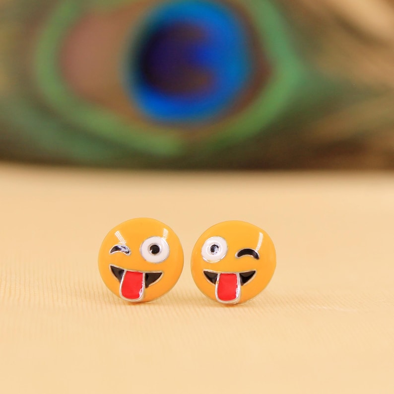 Winking Tongue-out Emoji Stud Earrings | Silver Enamel Kawaii Jewelry ...