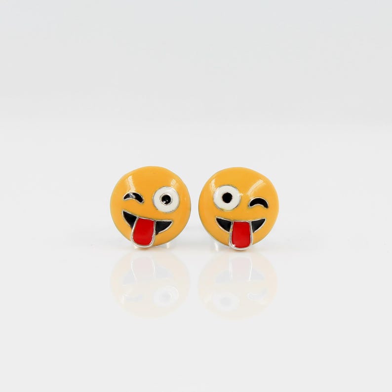 Winking Tongue-out Emoji Stud Earrings | Silver Enamel Kawaii Jewelry ...