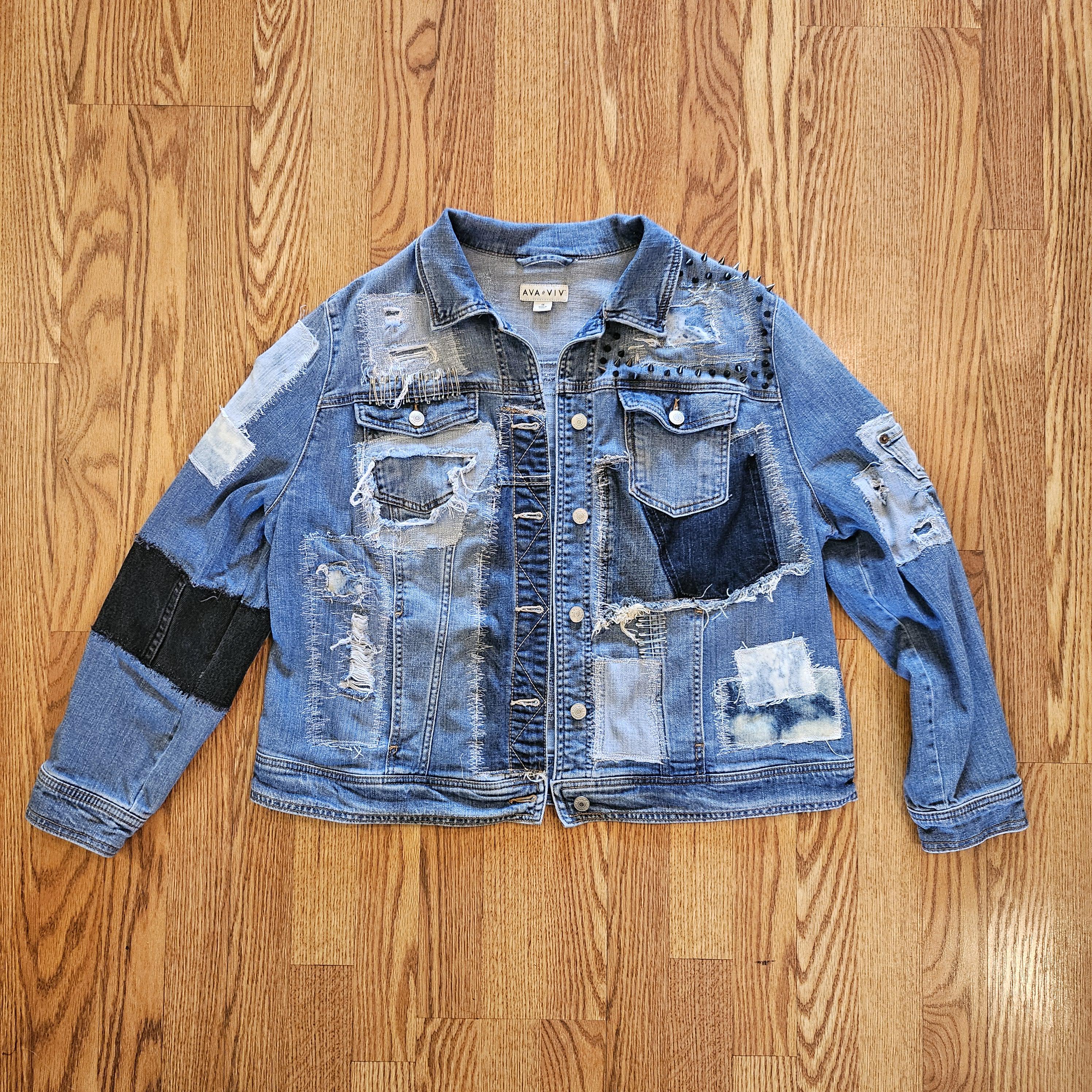Distressed Patchwork Denim Jean Jacket - Spikes & Pins - Size 1X - Etsy