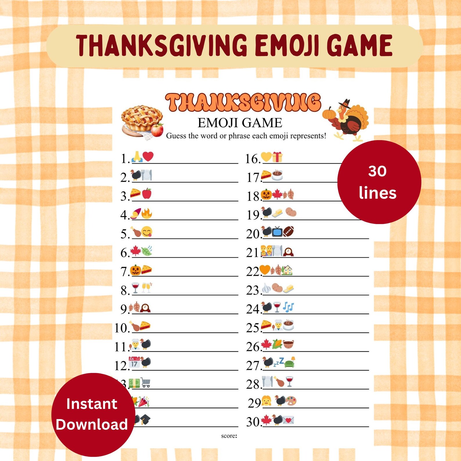 Thanksgiving Emoji Game Printable, Thanksgiving Party Game for Kids ...