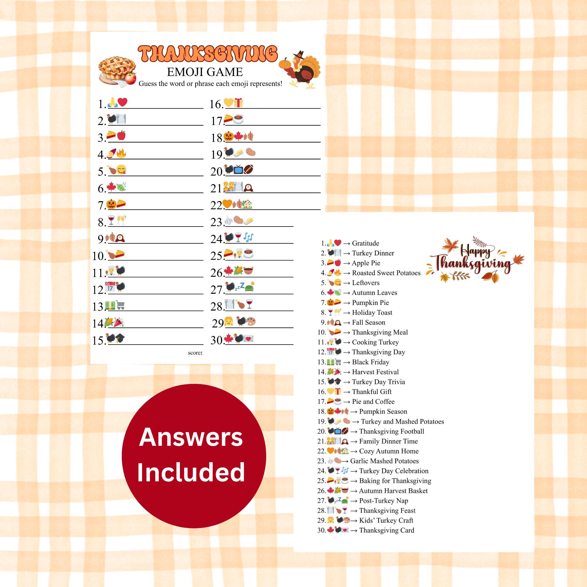 Thanksgiving Emoji Game Printable, Thanksgiving Party Game for Kids ...