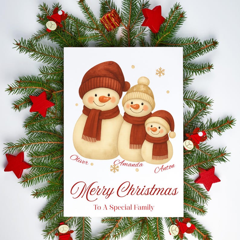 Christmas Card Template,family Snowman Winter Printable Holiday Card ...