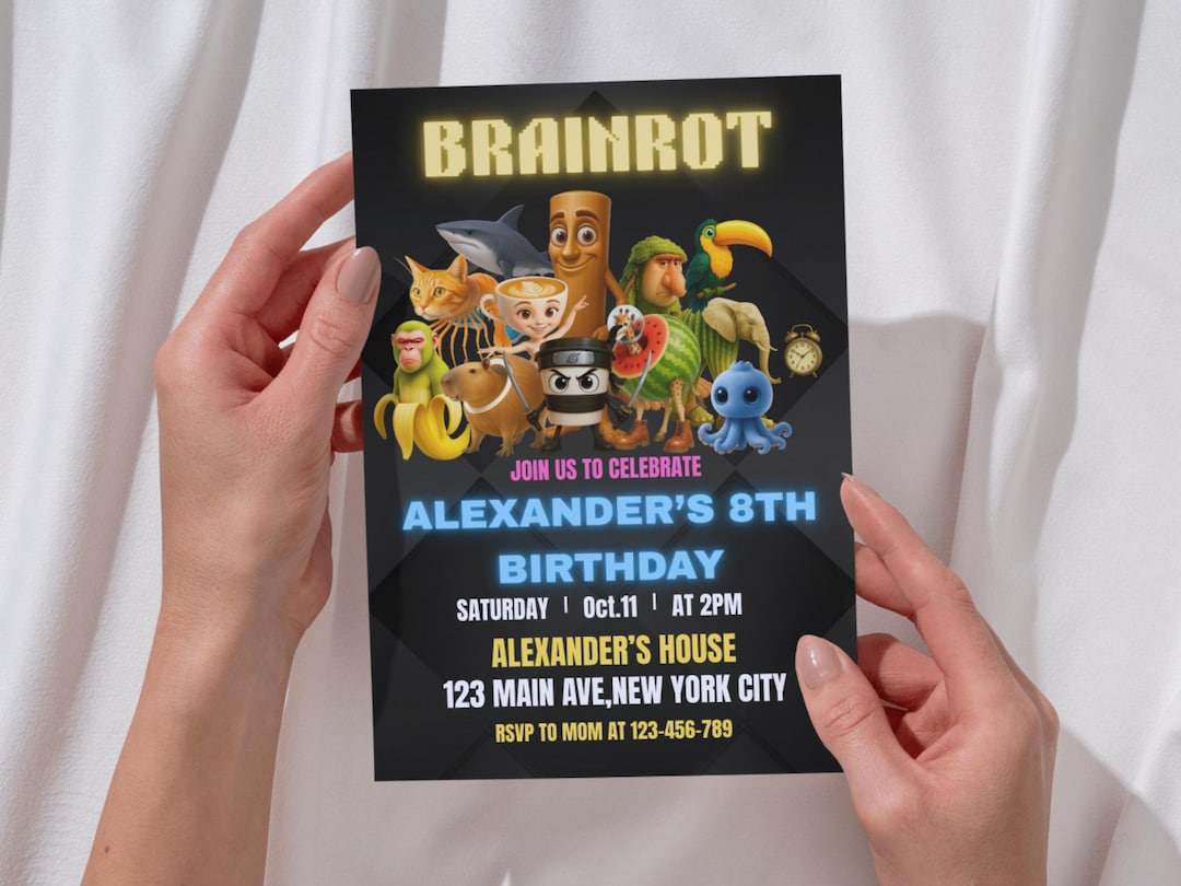 Brainrot Birthday Invitation Set, Funny Meme Party Invite, Editable ...