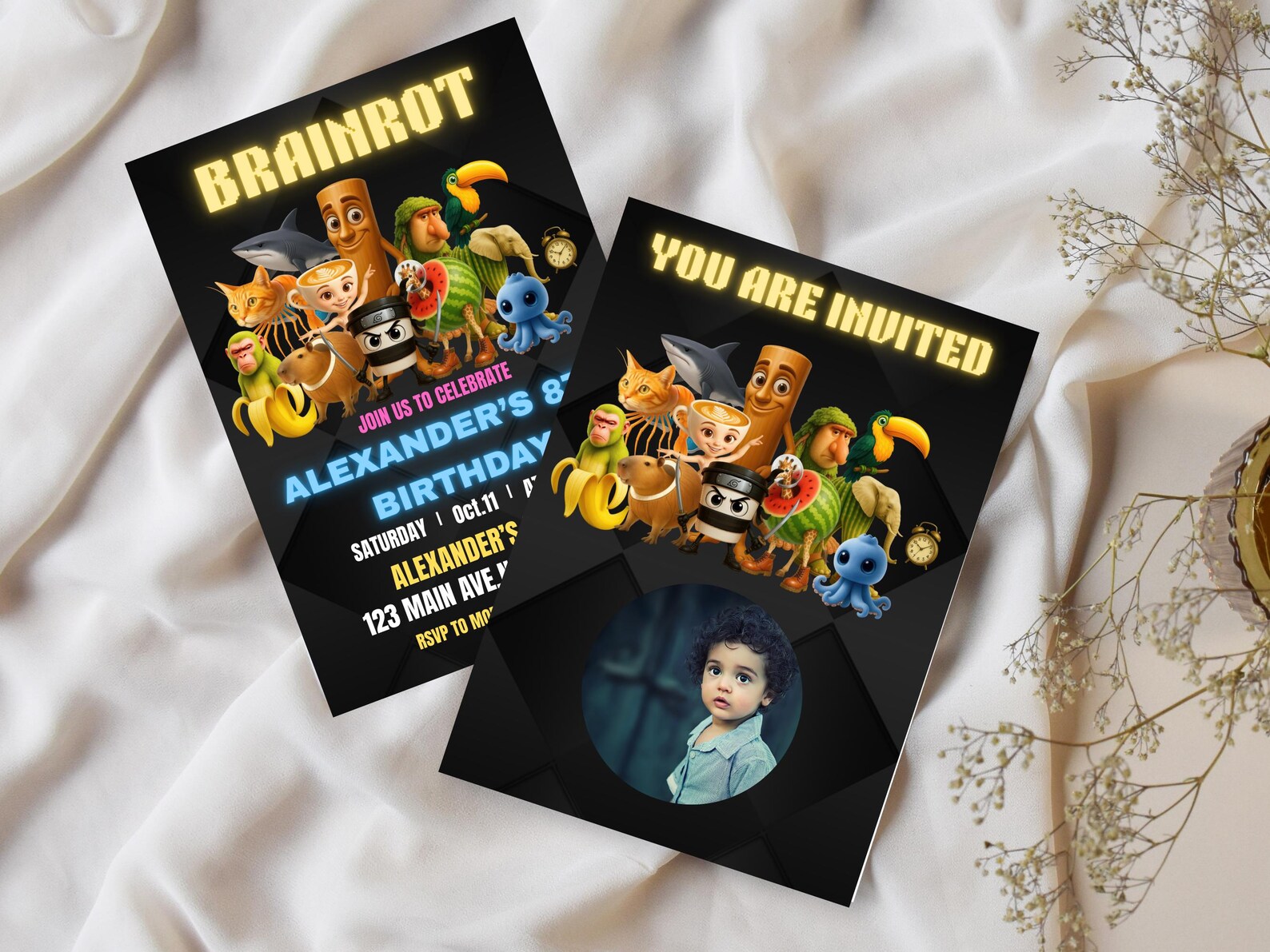Brainrot Birthday Invitation Set, Funny Meme Party Invite, Editable ...