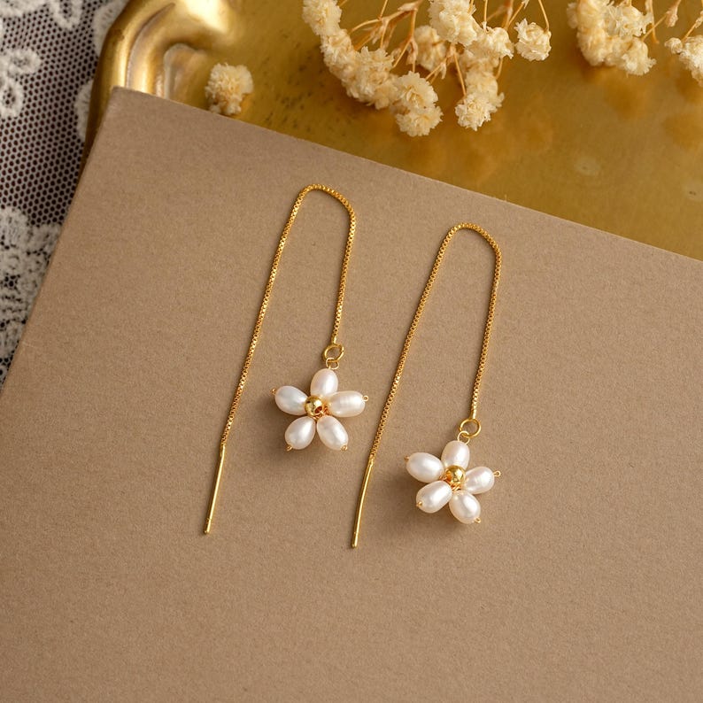Dainty Flower Pearl Threader Earrings,freshwater Pearl Earrings,daisy ...