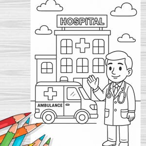 Doctor Coloring Book Page With Ambulance and Hospital - Instant Digital ...