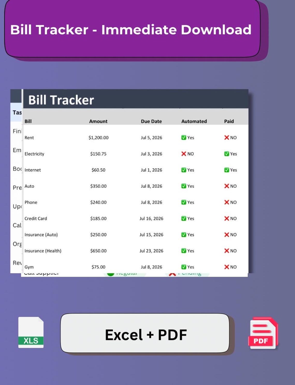 Monthly Bill Tracker Spreadsheet | Excel & Google Sheets (instant ...