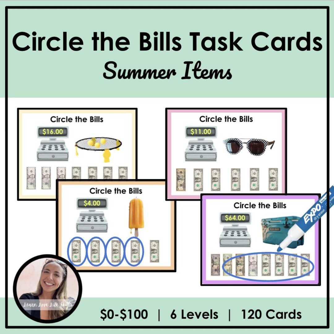 Circle the Bills Money Task Cards: Summer Items | 6 Leveled Sets ...