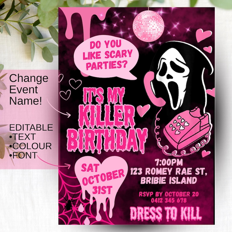 Pink Scream Halloween Birthday Invitation | Killer Birthday Party ...