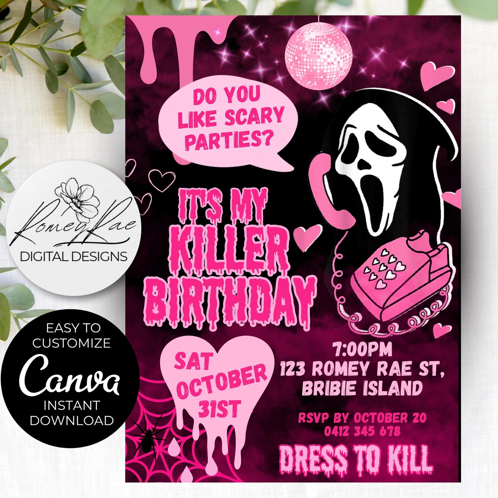 Pink Scream Halloween Birthday Invitation | Killer Birthday Party ...