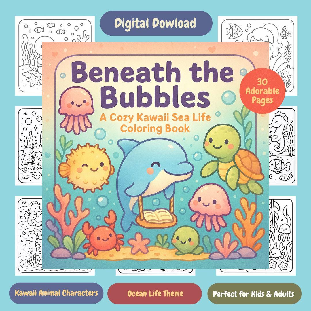 Kawaii Sea Life Coloring Book – 30 Cute Ocean Animal Pages (digital ...