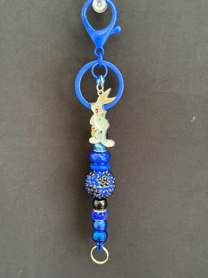 Blue Keychain With Cartoon Rabbit Charm - Etsy