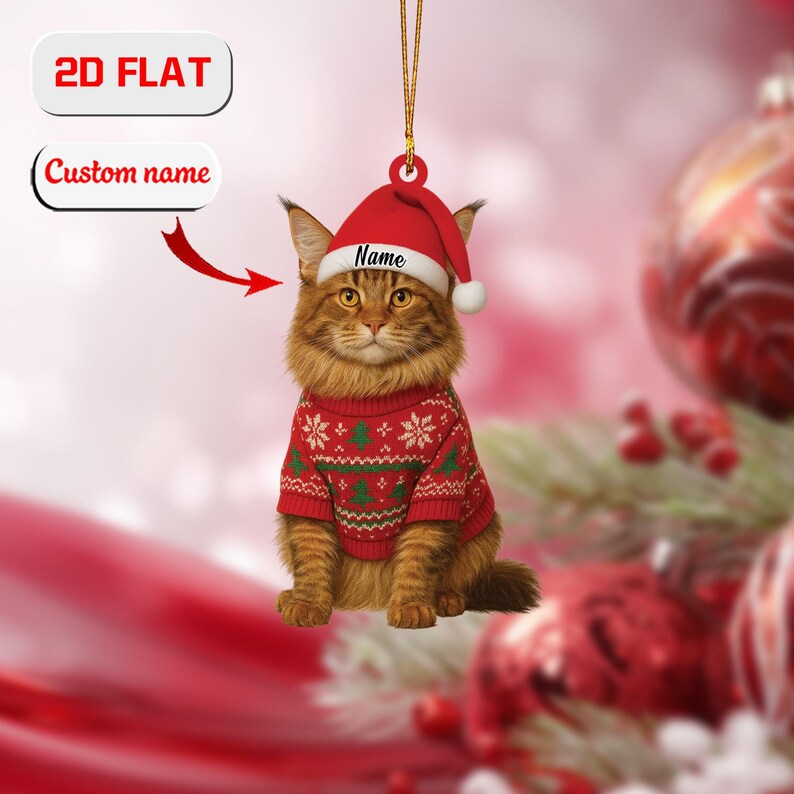 Personalized 2D Flat Maine Coon Cat Ornament, Custom Name Xmas ...