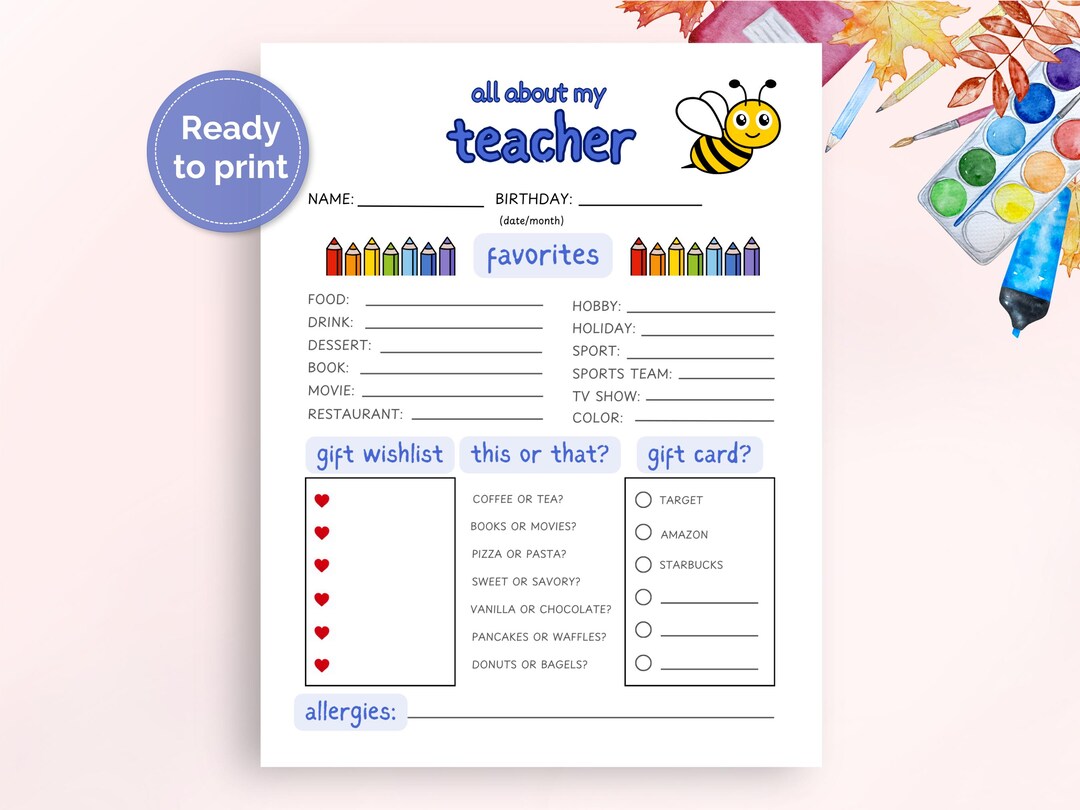 All About My Teacher Printable: Get to Know Your Teacher Survey and ...