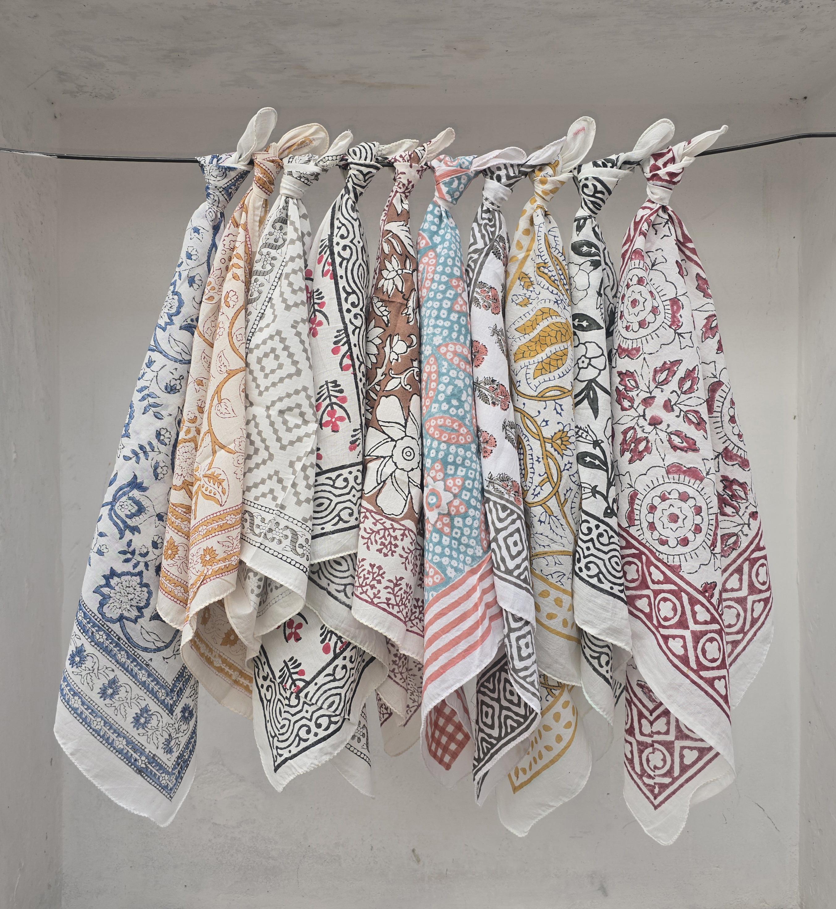Set of 10 Hand Block Print Cotton Bandanas | Multicolor Vintage Bandana ...