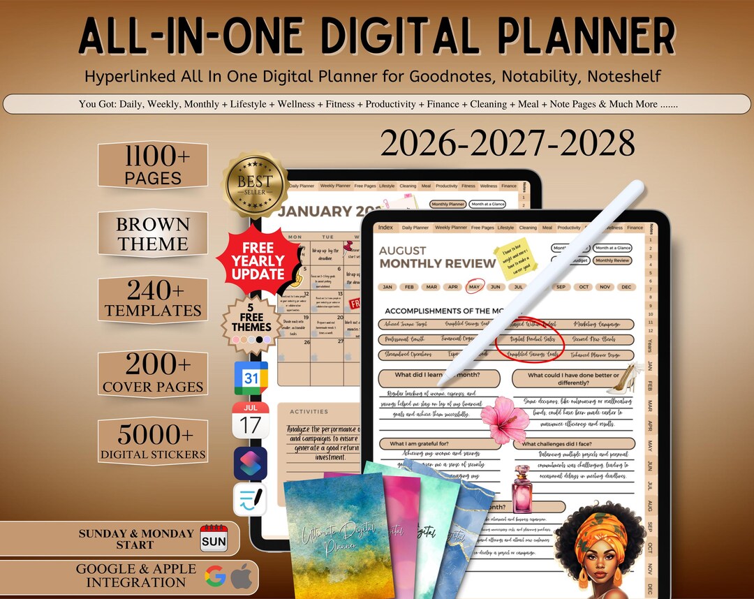 All in One Digital Planner, Hyperlink 2026 2027 2028 Planner, Goodnotes ...