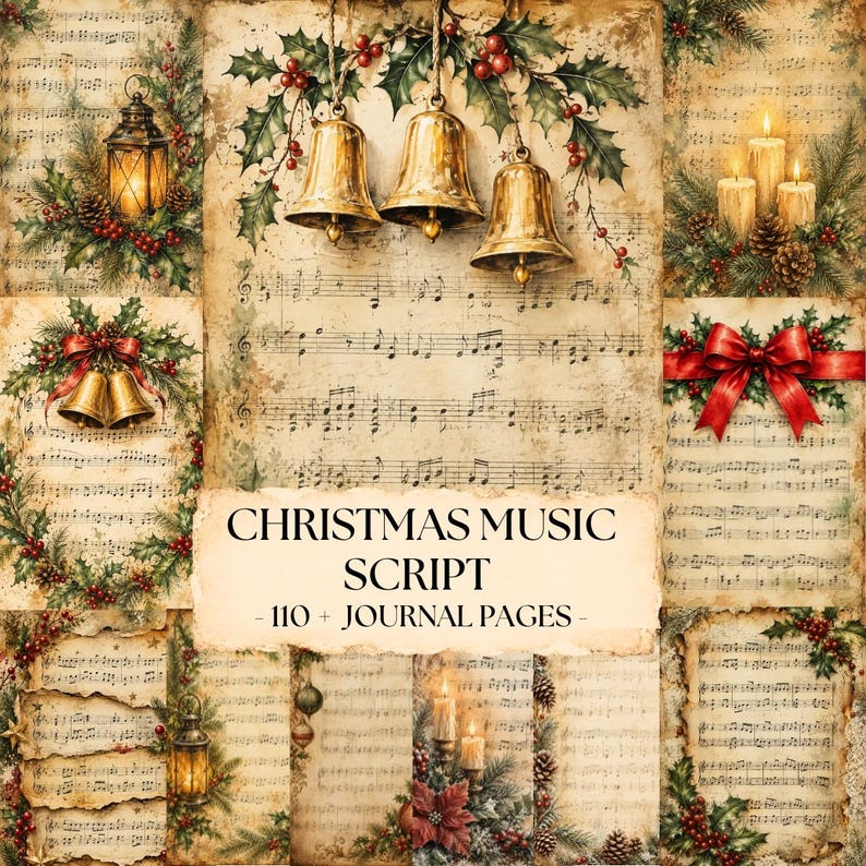 Christmas Music Script Junk Journal Page, Victorian Music Scrapbook ...
