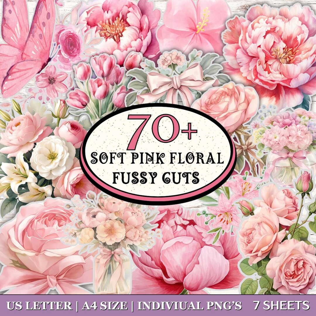 70+ Soft Pink Floral Fussy Cuts, Flower Junk Journal Kit, Pink Rose ...