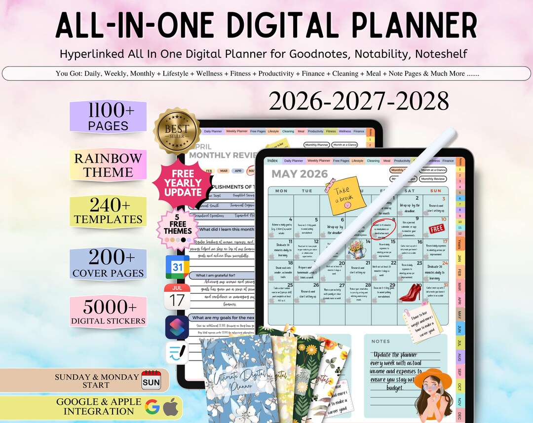 New Rainbow All-in-one Digital Planner 2026 2027 2028, Monthly Journal ...