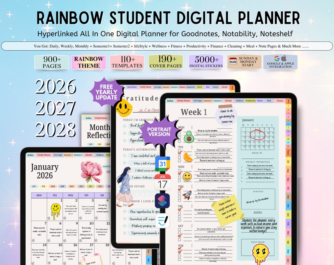 Rainbow Student Digital Planner, 2026 2027 2028 Digital Planner ...