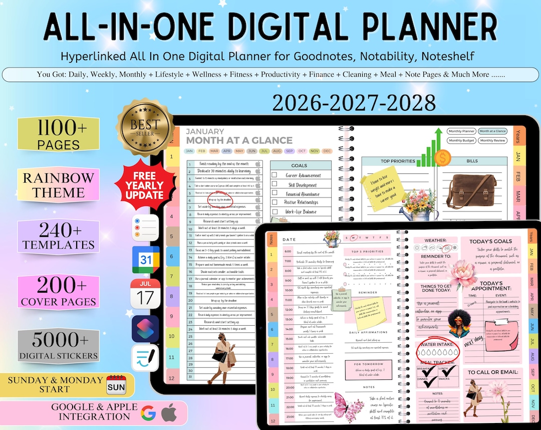New 2026 2027 2028 All in One Rainbow Digital Planner, Hyperlink ...