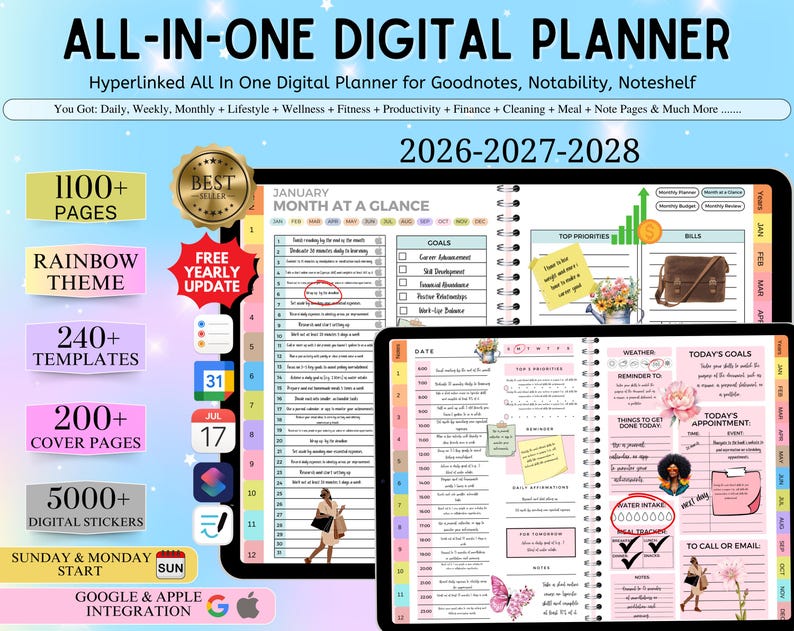 New 2026 2027 2028 All in One Rainbow Digital Planner, Hyperlink ...