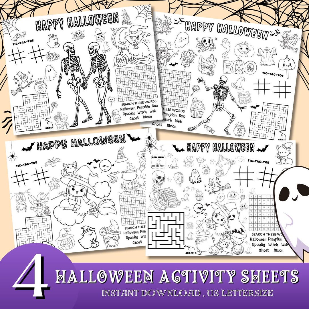 4 Halloween Kids Activity Placemat, Halloween Coloring Sheet, Printable ...