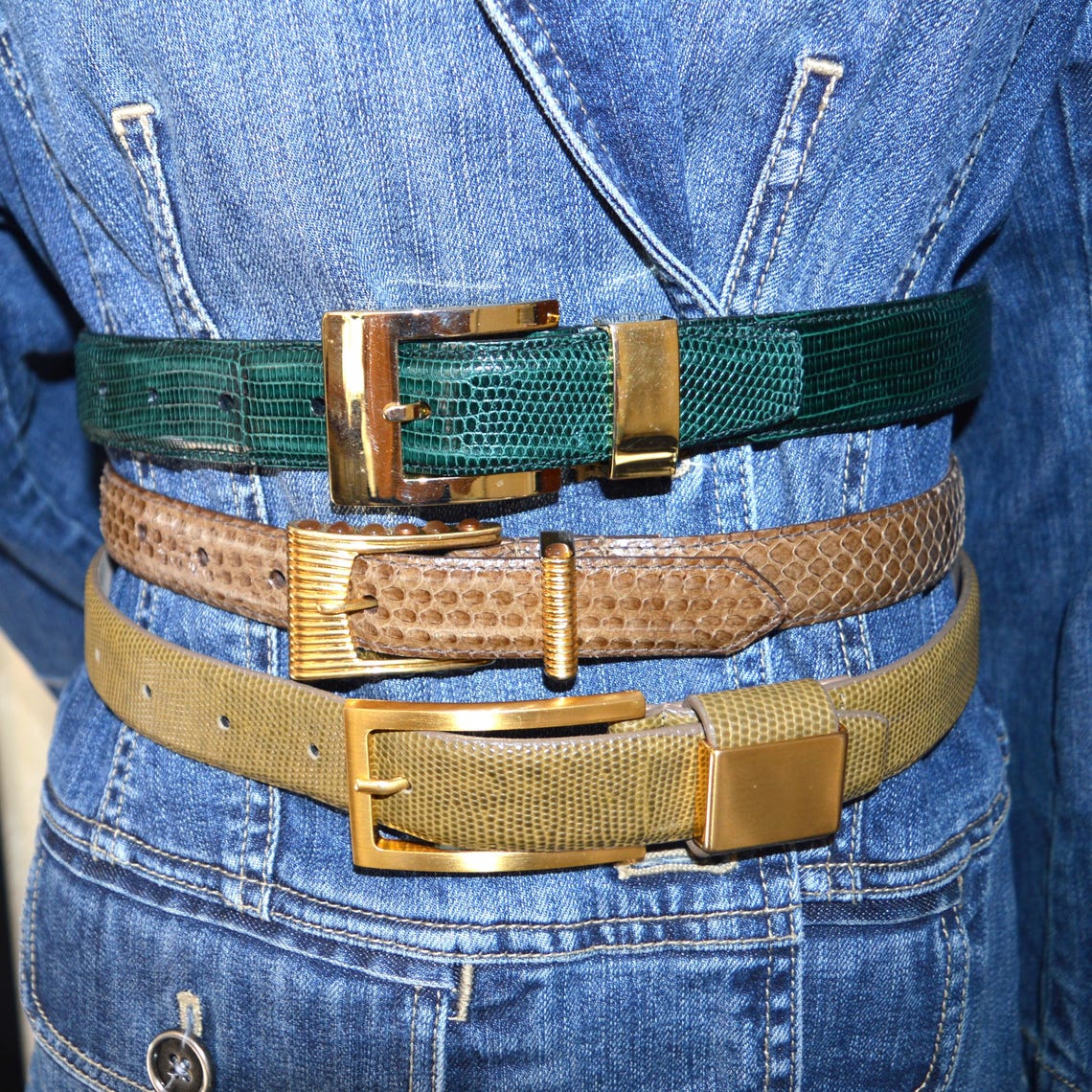 3 Leather Belts With Exotic Patterns Carlisle 1990s Vintage Green/beige ...