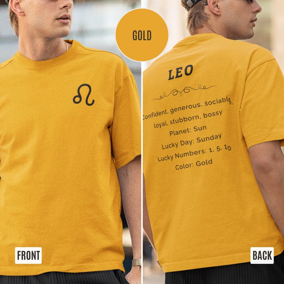 Leo Zodiac Front & Back Graphic Tee With Sign's Traits, Lucky Day and ...