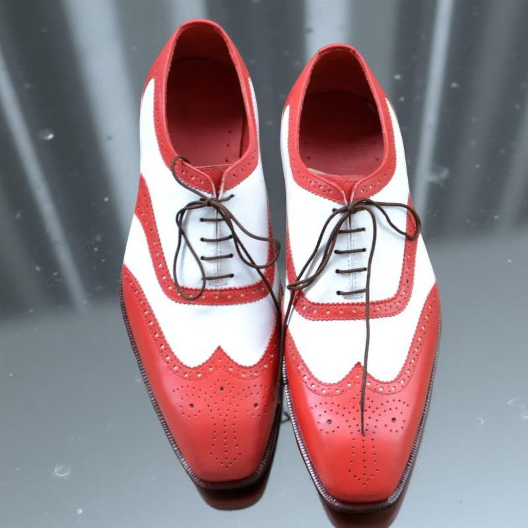 Handmade White & Red Color Genuine Calf Leather Stylish Wing Tip Brogue ...