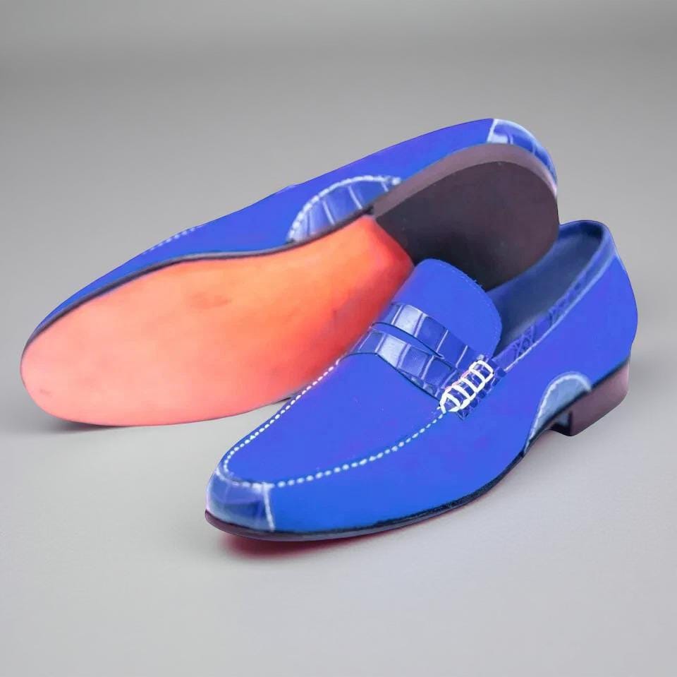 Bespoke Handmade Men Blue Shoes Moccasin Formal Suede Dress Loafers ...