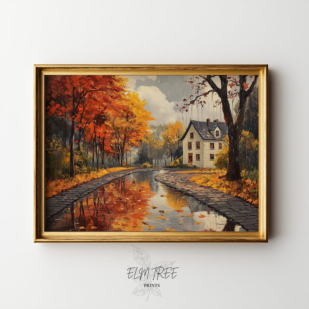 Vintage Autumn Landscape Printable - Cottage by Riverside, Rustic Fall ...