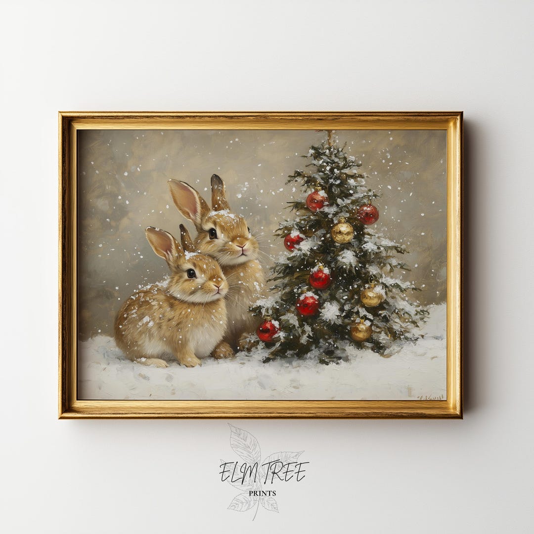 Vintage Christmas Rabbits in Snow Print - Festive Holiday Wall Art ...