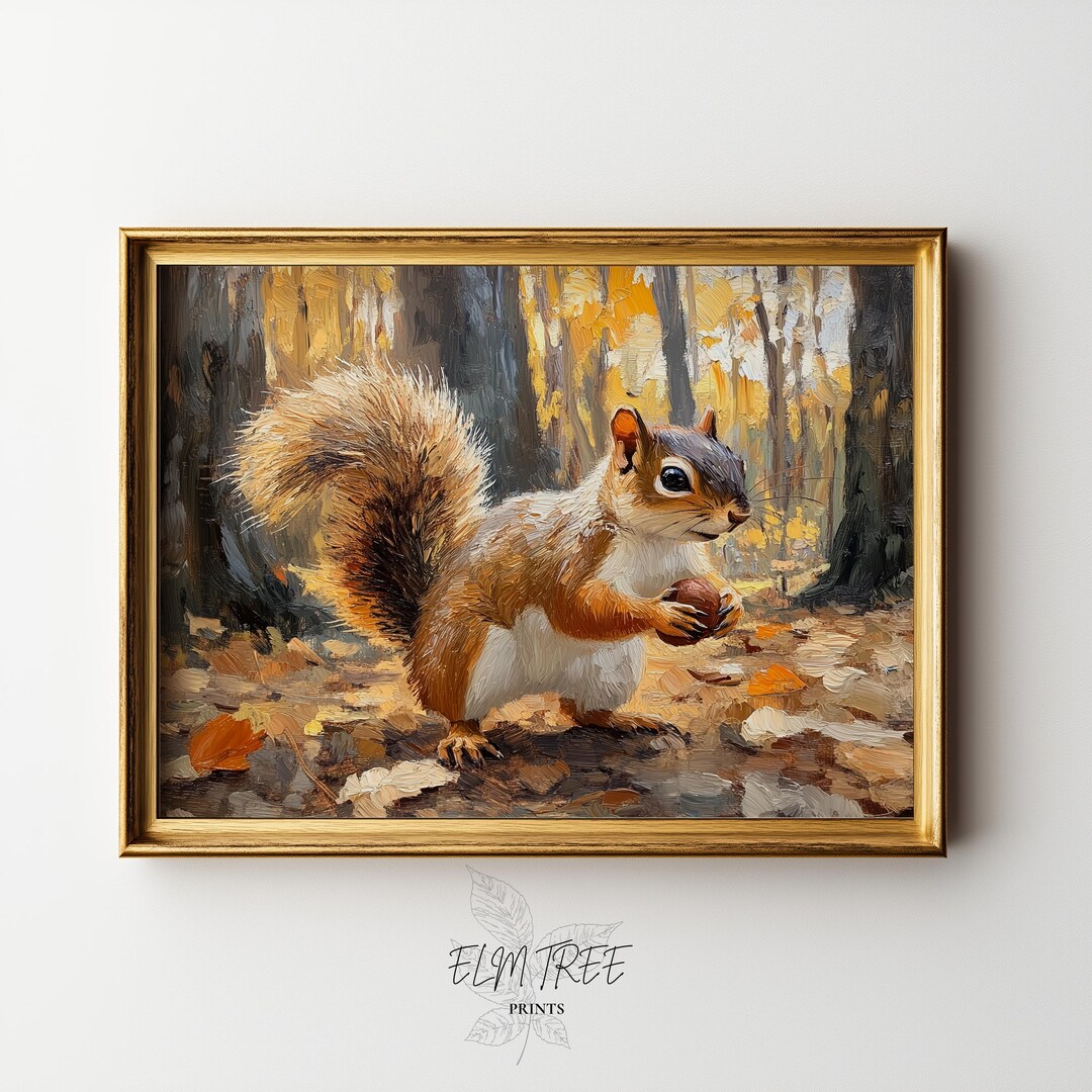 Rustic Squirrel Oil Painting – Autumn Woodland Forest Art (digital ...