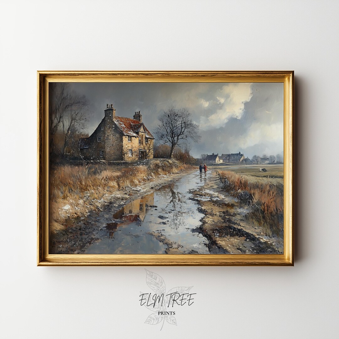 Rustic Rainy Village Path Painting - Moody Autumn Landscape Art ...