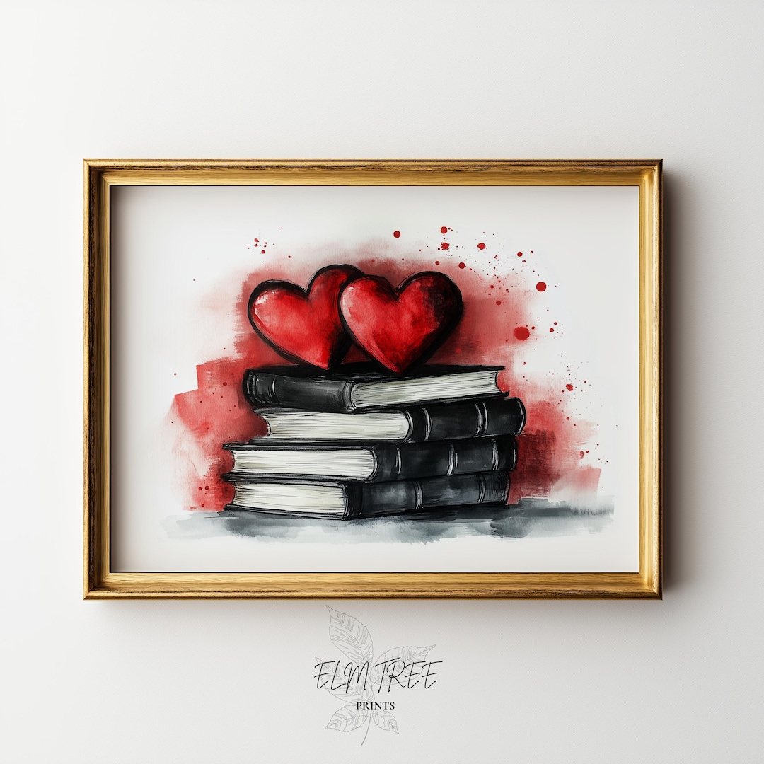 Rustic Romantic Book Stack With Hearts, Valentines Day Watercolor ...
