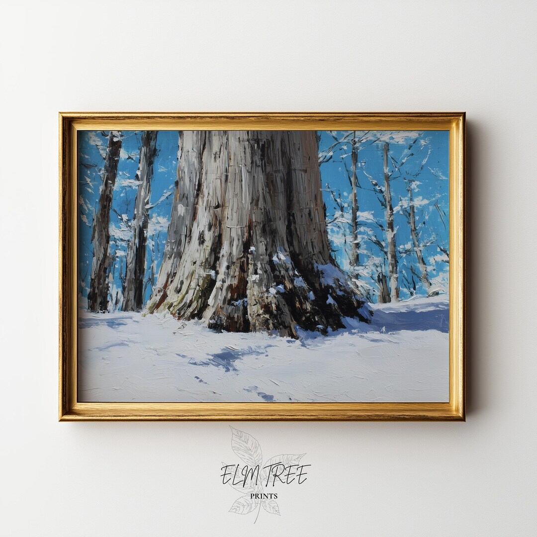 Winter Forest Old Cypress Tree Trunk Printable, Impasto Snow Landscape ...