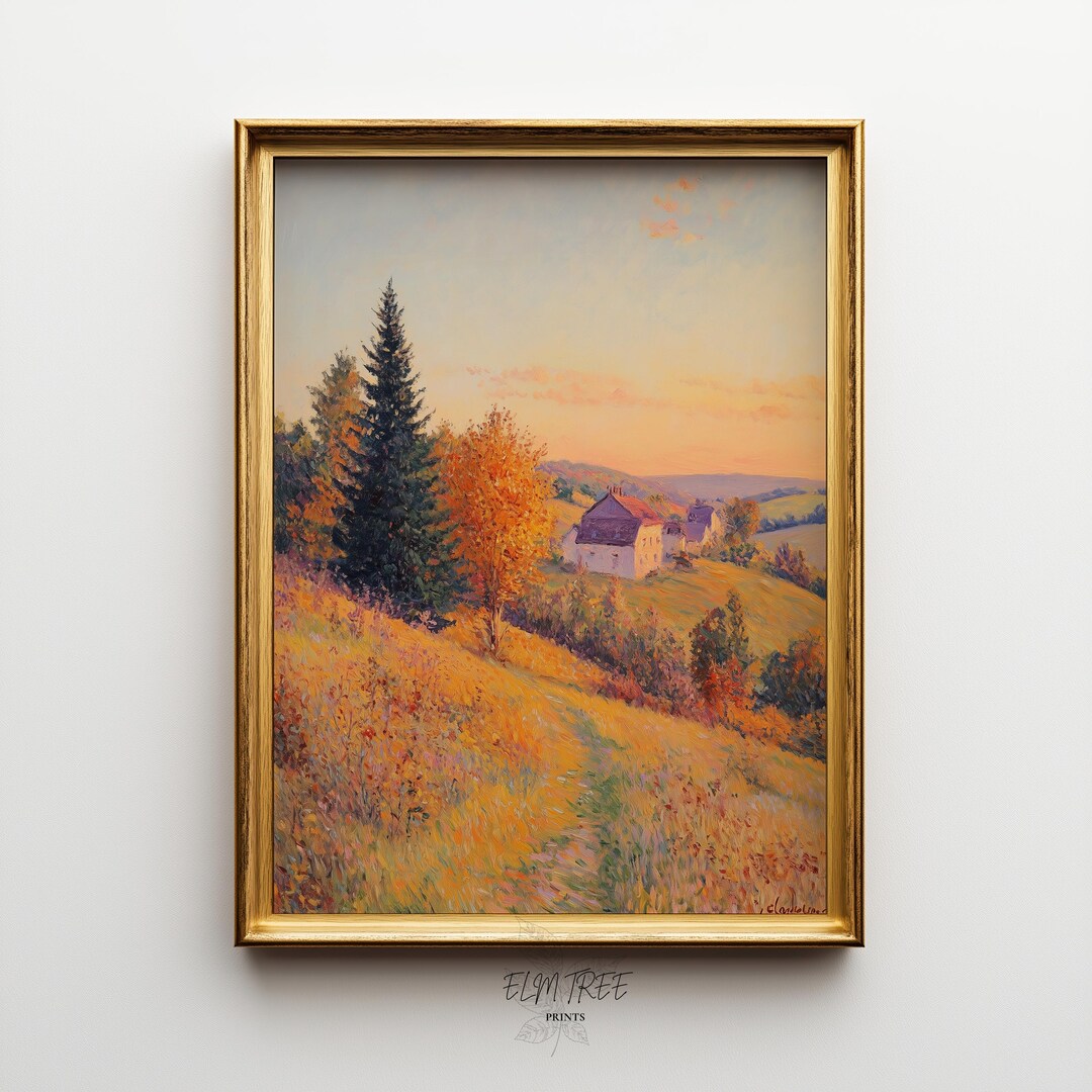 Autumn Hillside Sunset Printable Art - Rustic Landscape, Cottagecore ...