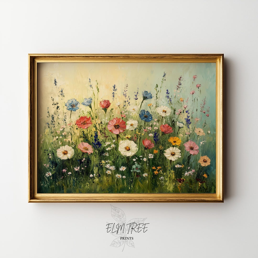 Printable Spring Meadow With Wildflowers Art - Soft Cottagecore Pastel ...
