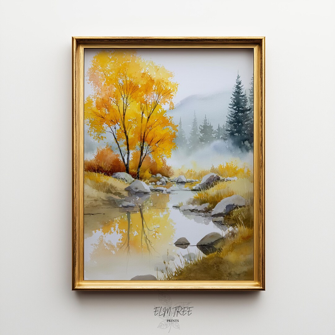 Paisagem de rio de outono para impressão - Arte serena em aquarela ...