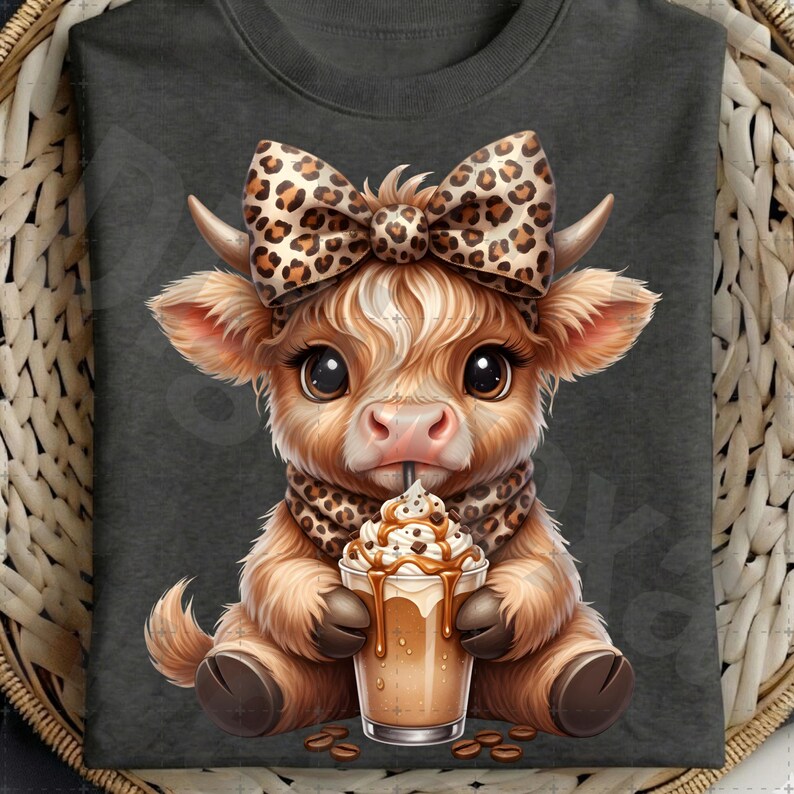 Cute Highland Cow Coffee PNG, Baby Cow Iced Coffee Sublimation, Leopard ...