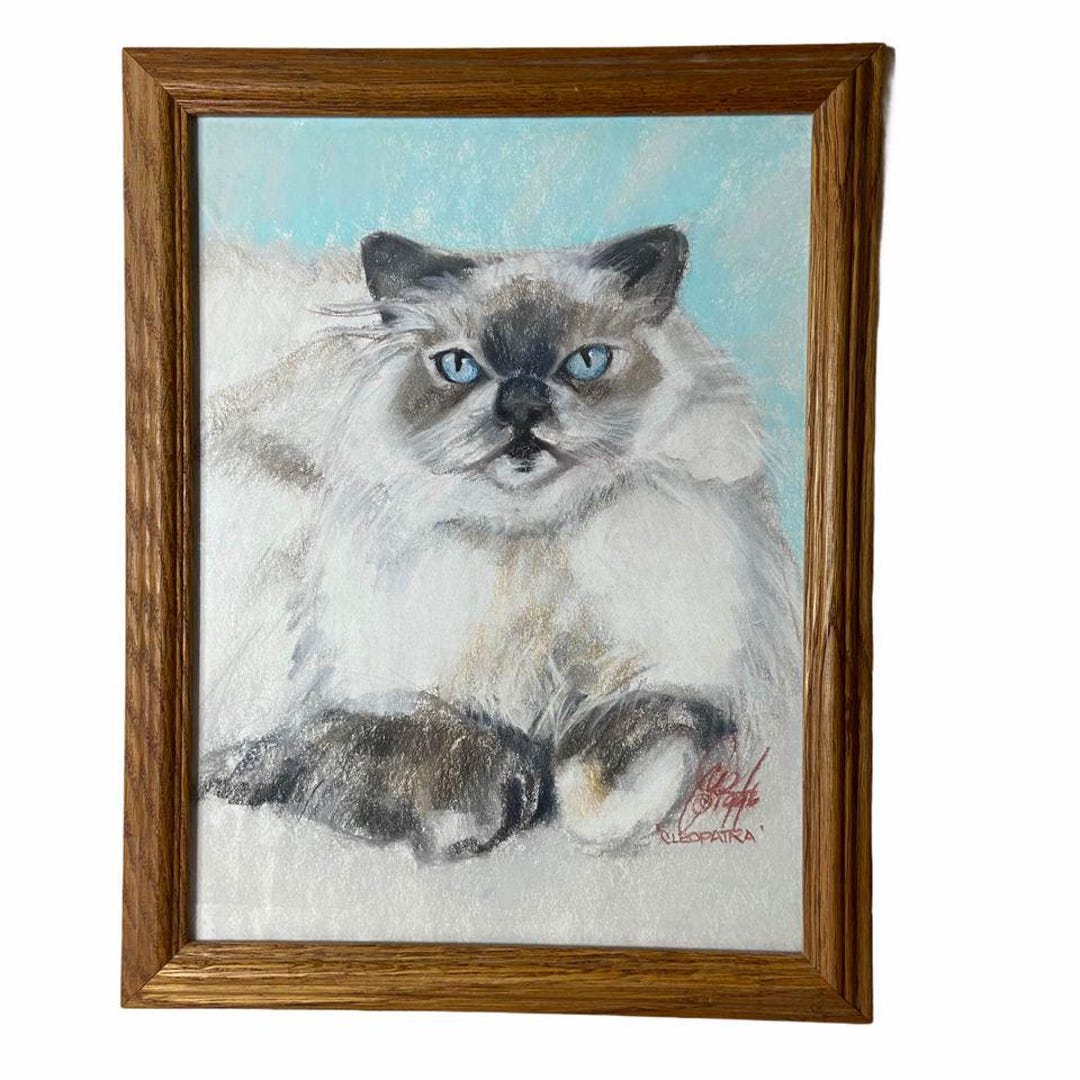 Vintage 90s Artist Signed Cleopatra Birman Cat Drawing Framed Pastels ...