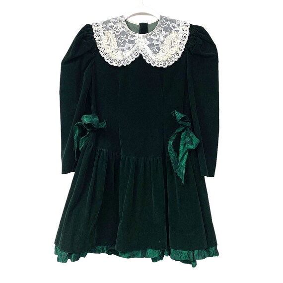 Vintage Sarah Too Girls Size 12 Green Velvet Lace Bib… - Gem