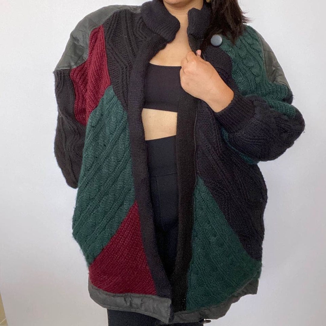 Vintage Martinique 90s Womens Knit Leather Patch Oversized Coat Jacket ...