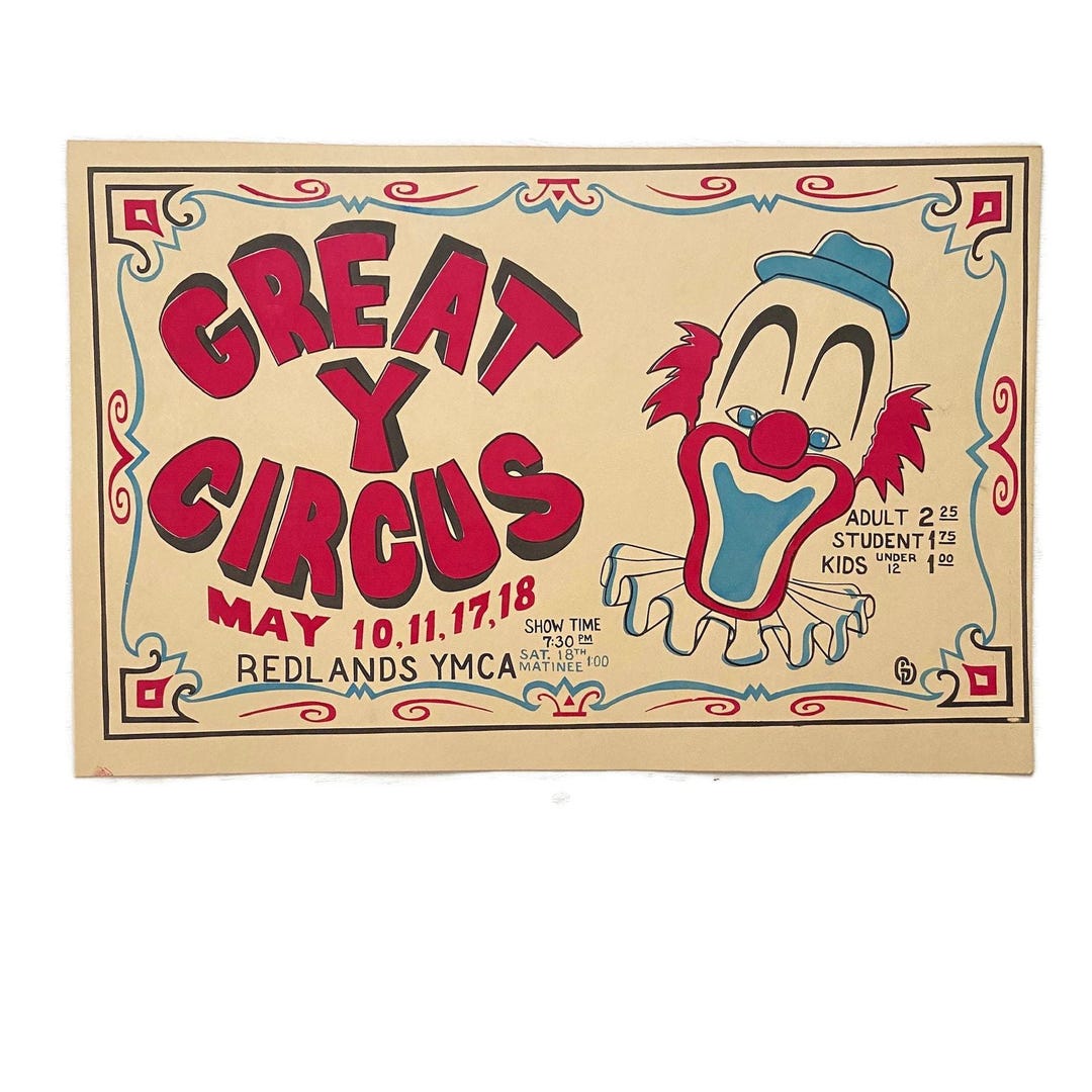 Vintage 1985 Redlands Gret Y Circus YMCA Clown Advertisement Cardstock ...