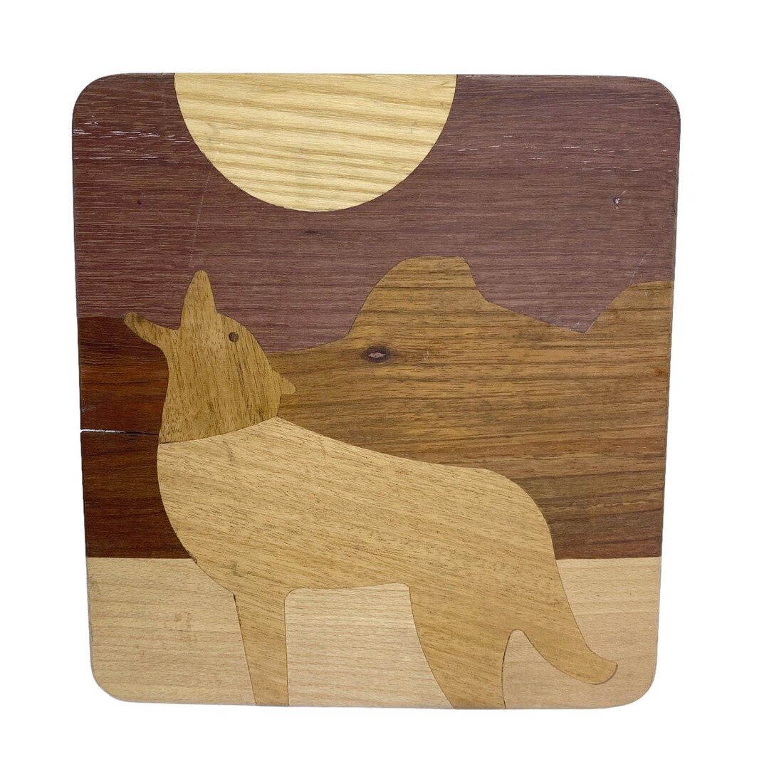 Vintage Coyote Howling Moon Square Decorative Art Inlay Wood Cutting ...
