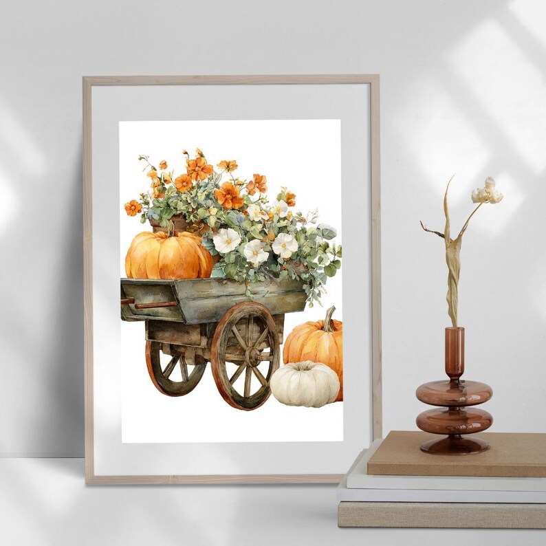 Fall Floral Watercolor Printable - Rustic Pumpkin Wheelbarrow Wall Art ...