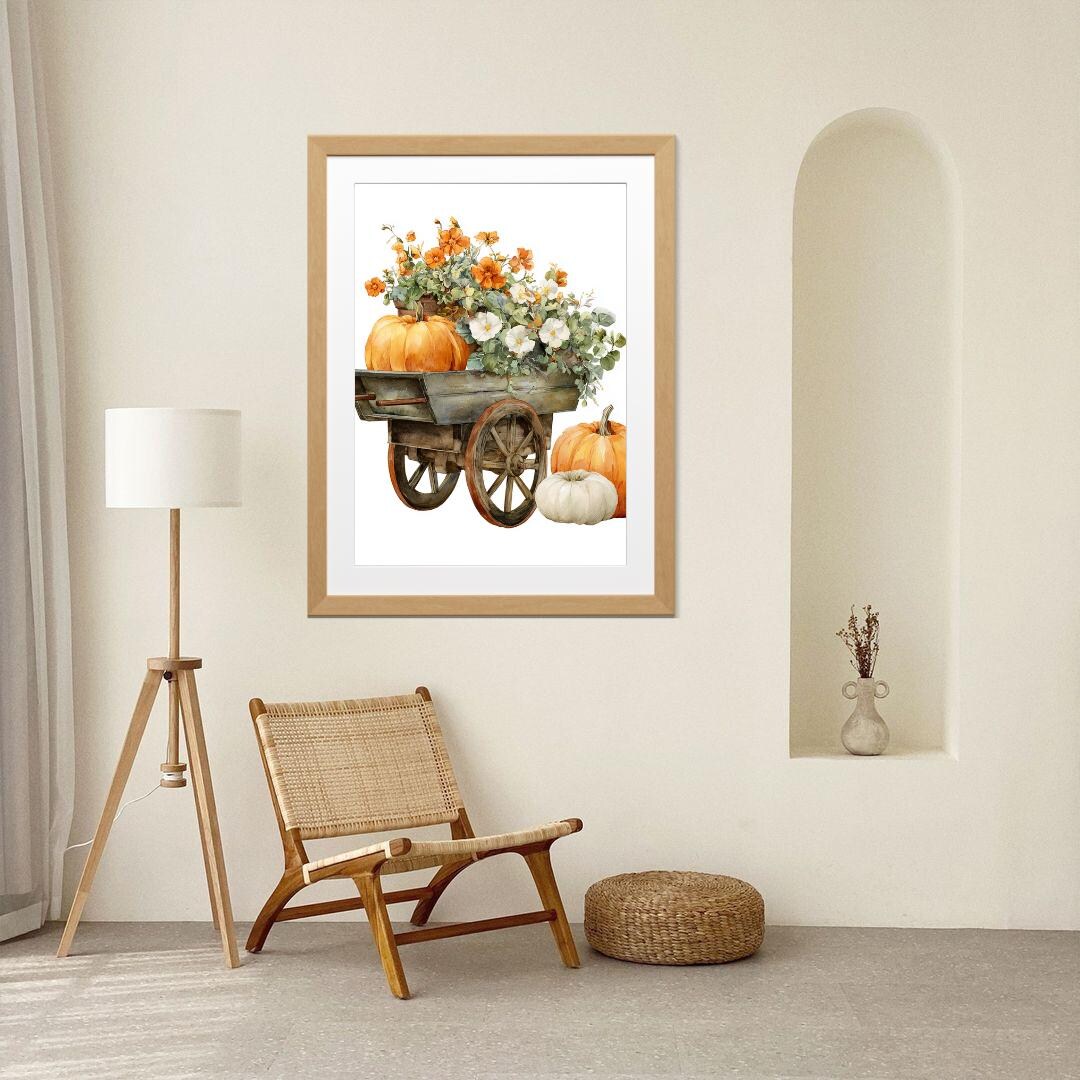 Fall Floral Watercolor Printable - Rustic Pumpkin Wheelbarrow Wall Art ...