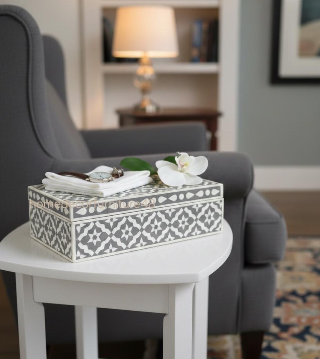 Bone Inlay Grey & White Geometric Storage Box With Lid Decorative ...